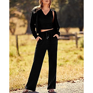 BTFBM Women's Summer 3 Piece Outfits Ribbed Knit Cardigan Cropped Tank Tops Wide Leg Pant Tracksuit Lounge Matching Sets(Solid Black, Medium)