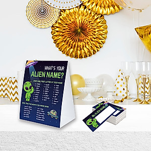 What's Your Alien Name Game Sign with Name Tag Stickers for Baby Shower, Baby Shower Decorations, Birthday Party Game, Baby Shower Games Fun for Adults & Kids Family Class Office Activity PTWYN03