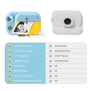 Seemee Instant Print Camera for Boys, Selfie Instant Camera with 3.5" Screen, 32G Card, 3 Rolls Print Papers, Stickers, Cute Camera Birthday Gifts Toys (Blue)