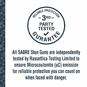 SABRE Stun Gun with Flashlight and Battery Strength Indicator, 1.552 Microcoulombs (µC) Charge, 120 Lumen Flashlight, Increased Reliability, Safety Switch, Rechargeable, Compact Design, Black