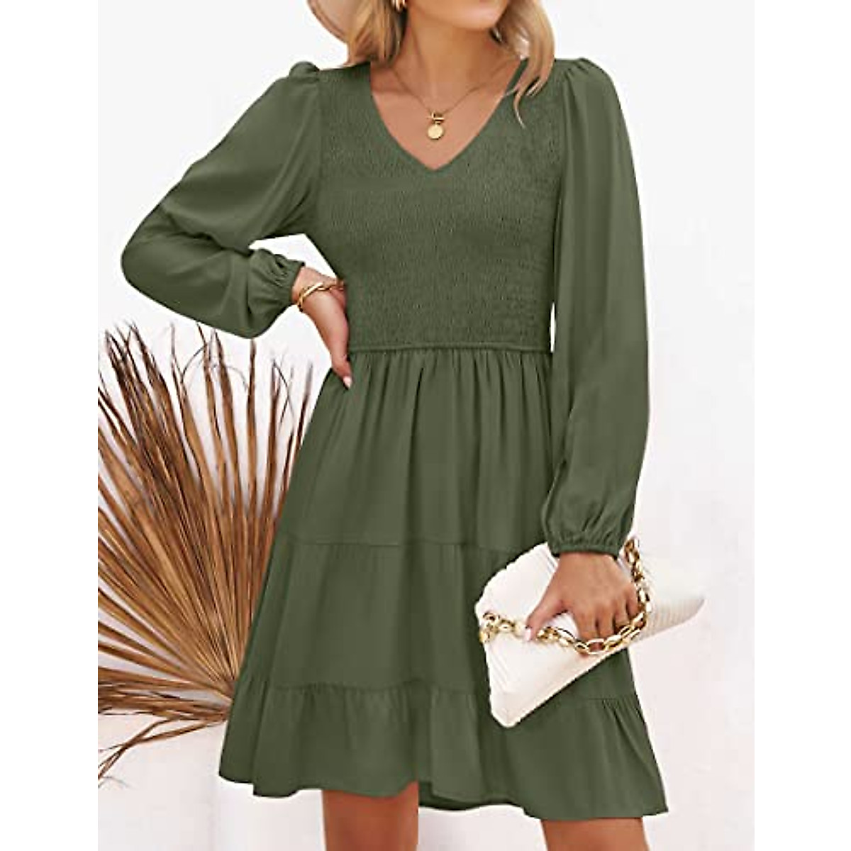 ZESICA Women's Casual V Neck Long Sleeve Smocked High Waist Ruffle A Line Tiered Mini Dress,ArmyGreen,Medium