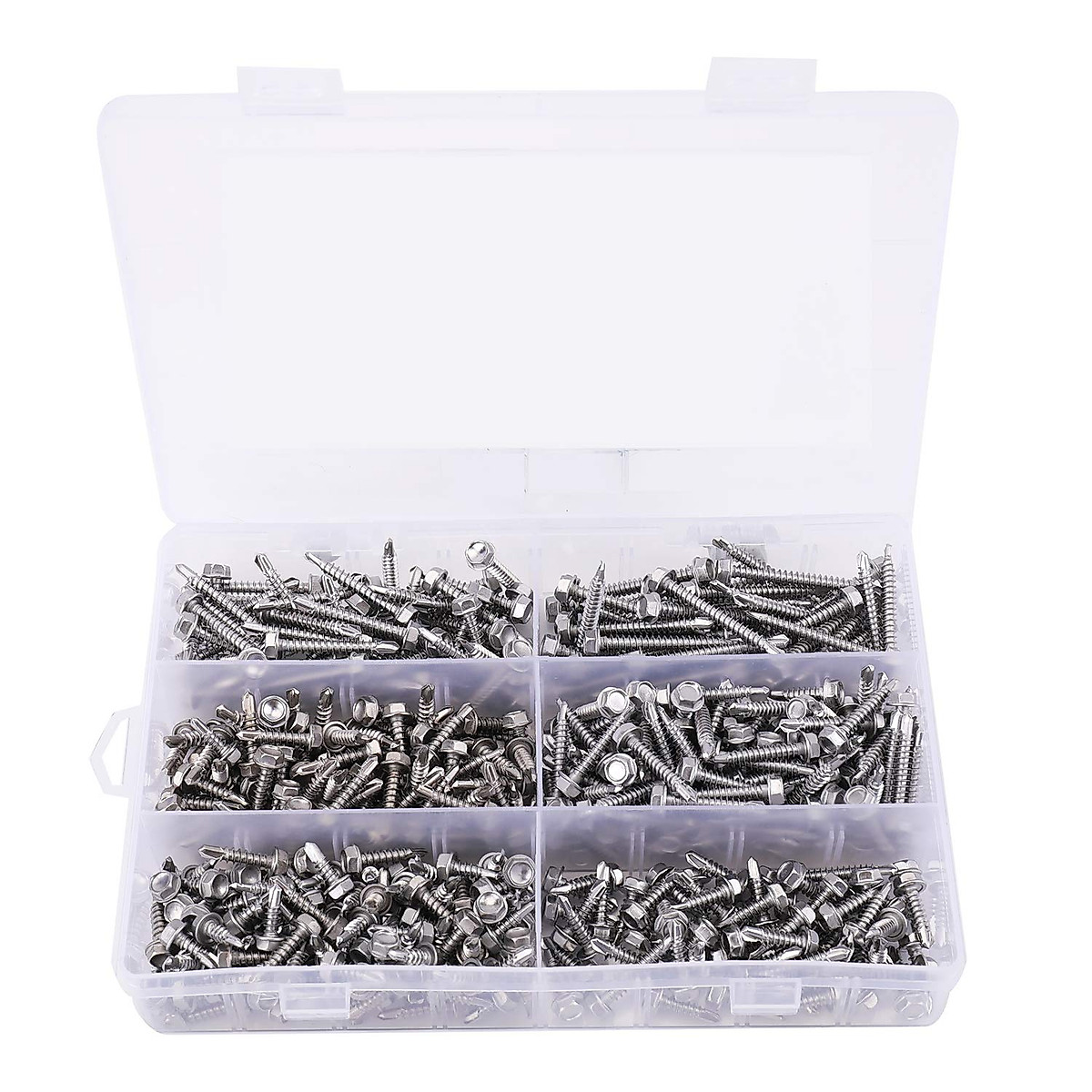 Suwimut 500 Pieces 410 Stainless Steel #8 Self Tapping Sheet Metal Tek Screws Assortment, Hex Washer Head Assorted Screws with Drill Point, Self Driller