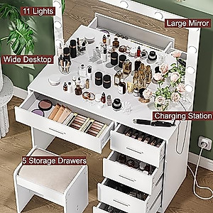 Keehusux Vanity Table with Large Mirror and 3 Color Adjustable Lights, Bedroom Makeup Vanity with Charging Station, Makeup Dressing Table with 5 Drawers for Women, Wife, White KES002WSZT