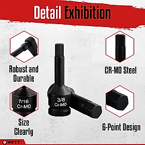 WETT 1/2" Drive Master Impact Hex Bit Set, 20 Piece Hex Driver Socket Set, Allen Bit Socket Set, Cr-Mo Steel, SAE & Metric, (1/4" - 3/4", 6-19mm)
