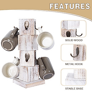 bluegift Coffee Mug Holder Tree, Rustic Solid Wood Mug Tree Stand with 8 Hooks, Farmhouse Coffee Cup Holder for Counter, Mug Hanger for Kitchen Organizer, Farmhouse White