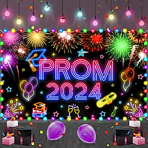 Glow Graduation Party Decorations Banner, Neon Prom 2024 Congrats Grad Banner Backdrop Photo Background with LED light for Class of 2024 Graduation Party Supplies Decor High School College Outdoor Indoor