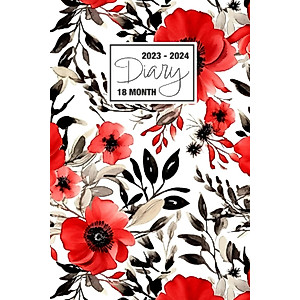 2023 - 2024: 18 Month Diary A5 Week to View on 2 Pages Weekly Journal Agenda WO2P Planner Jul 23 to Dec 24 Horizontal With Moon Phases, UK & US ... Blooms ed And Black Poppies Floral Pattern