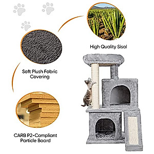 Nova Microdermabrasion Cat Tree, 34 Inches Ultra Soft Plush Covering with Sisal Rope Posts for Scratching, House Furniture for Kittens, Grey