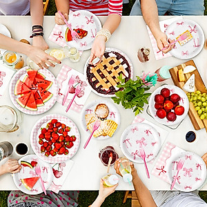 G1ngtar 96Pcs Pink Bow Party Plates Supplies - Coquette Cute Party Tableware Decorations Disposable Paper Plates Napkins Forks for Girl Bachelorette Bridal Engagement Birthday, Serves 24 Guests