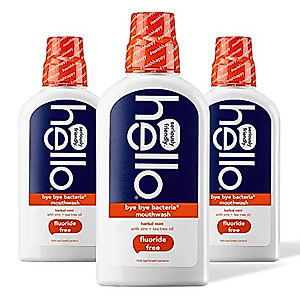Hello Bye Bye Bacteria Oral Rinse Mouthwash, Alcohol Free Mouthwash for Bad Breath with Tea Tree Oil and Zinc, Multipack, No Alcohol, No Dyes, Vegan, Herbal Mint Flavor, 3 Pack, 16 OZ Bottles