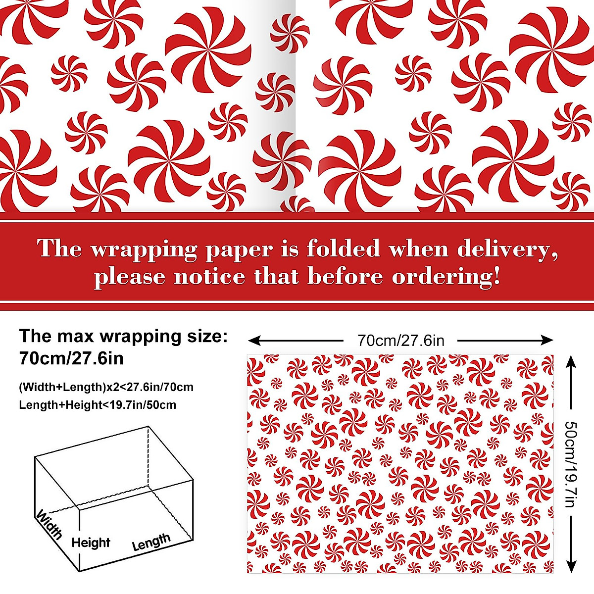 JarThenaAMCS 12 Sheets Christmas Wrapping Paper -Not Roll- Red White Gift Wrap Paper Candy Cane Stripe Folded Flat Craft Paper for Xmas Winter Party Packaging, 27.6 x 19.7 Inch