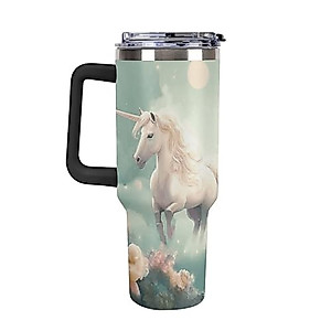 LLUTSNTH 40 Oz Vacuum Tumbler with Black Handle Leakproof Insulated Tumbler Two Horses Are Flying Stainless Steel Travel Mug with Lid And Straw Coffee Cup Cute Water Bottles Cup Holder Friendly