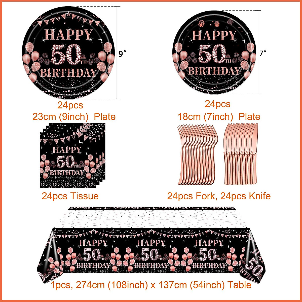 Black Rose Gold Birthday Party Supplies,Disposable Party Tableware Sets - 50 Years Paper Plates,Napkins,Plastic Forks Knives,Tablecloths,50th Birthday Decorations for Men,24 Guests