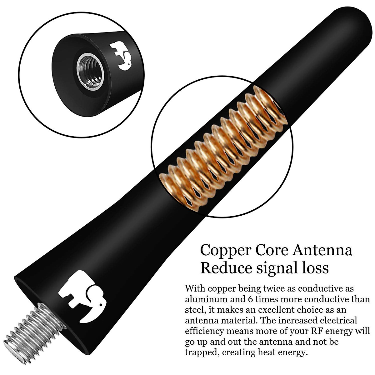 ONE250 2.5" inch Short Copper Core Antenna, Compatible with Toyota Tundra (1999-2023), Toyota Tacoma (1995-2016), Toyota FJ Cruiser (2007-2015) - Designed for Optimized FM/AM Reception (Black)