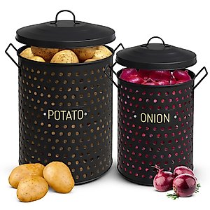 Kitchlab Set of 2 Potato and Onion Storage Bin - Matte Black Finish and Galvanized Kitchen Storage Bins - 10 x 12 Potato Keeper Storage Container - 8.94" Onion Storage Box for Kitchen Counter & More