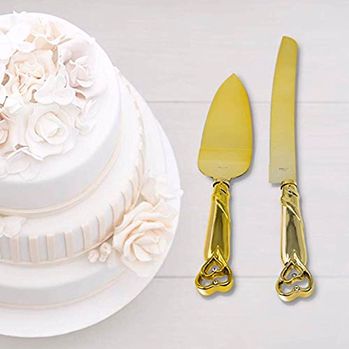 FASHIONCRAFT Gold Double Heart Wedding Cake Serving Set - Gold Wedding Cake Knife Set