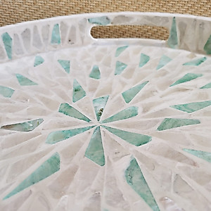 I-lan 12 Inch Round Beige Blue Mother of Pearl Severing Tray with Handle and 2 Inch Side, Lacquer Wooden Shell Decorative Tray, Gorgeous Inlay Nacre Ottoman Tray for Food, Breakfast, Coffee Table, S