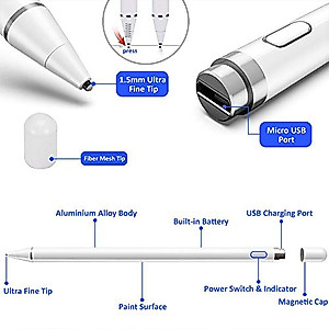 Active Stylus Pen Compatible for iOS&Android Touch Screens,Stylus Pens for Touch Screens,Rechargeable Stylus for i-Pad/Pro/Air/Mini/i-Phone/Cellphone/Samsung/Tablet Drawing&Writing (White)