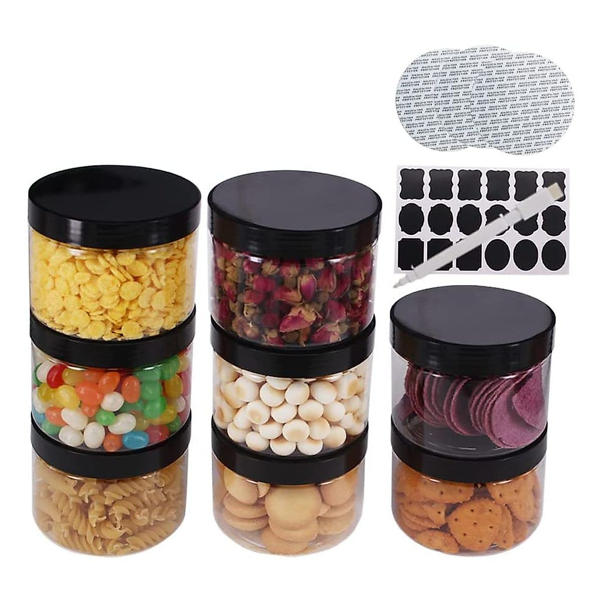 zmybcpack 12 Pack 8 OZ Clear Plastic Jars With Black Lids, A Spatula, A Pen & Labels - BPA Free PET Container for Cosmetics, Cream, Bathroom, Kitchen & Travel Plastic Slime Storage Jars