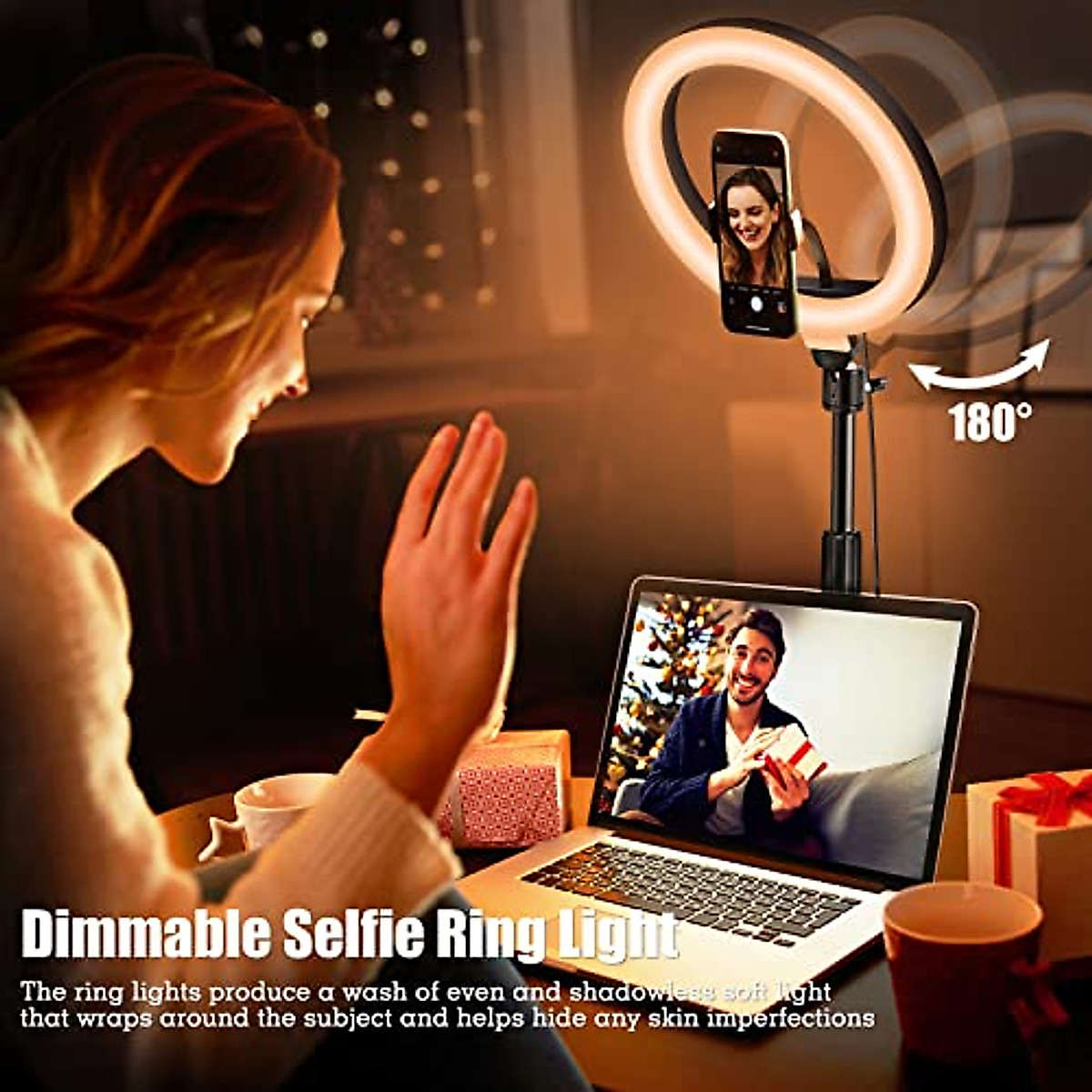 Selfie Ring Light with Stand and Phone Holder, 10'' Dimmable Desktop LED Circle Light for Laptop,Computer, Lighting Kit Gifts for Live Streaming/Laptop Video Conference/Chat/Makeup/YouTube/Tiktok/Vlog