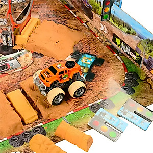 Big Wheel Monster Truck Stunt Stadium Playset with DIY Puzzle Construction Playmat, 2 Friction Monster Trucks, and Play Dirt (38 Pcs)