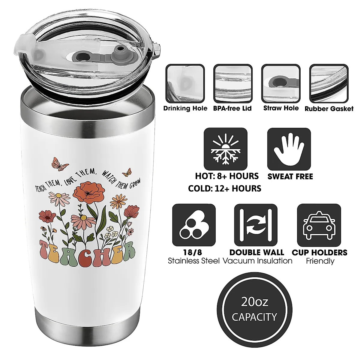 MENANA Teacher Appreciation Gifts - Teacher Gifts for Women - Thank You Gift Ideas for Teachers Women Daycare - Teachers Appreciation Week, Birthday, Back To School Gift - 20 Oz White Tumbler