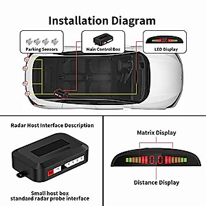 EKYLIN Car Auto Vehicle Reverse Backup Radar System with 4 Parking Sensors Distance Detection + LED Distance Display + Sound Warning (Silver Color)
