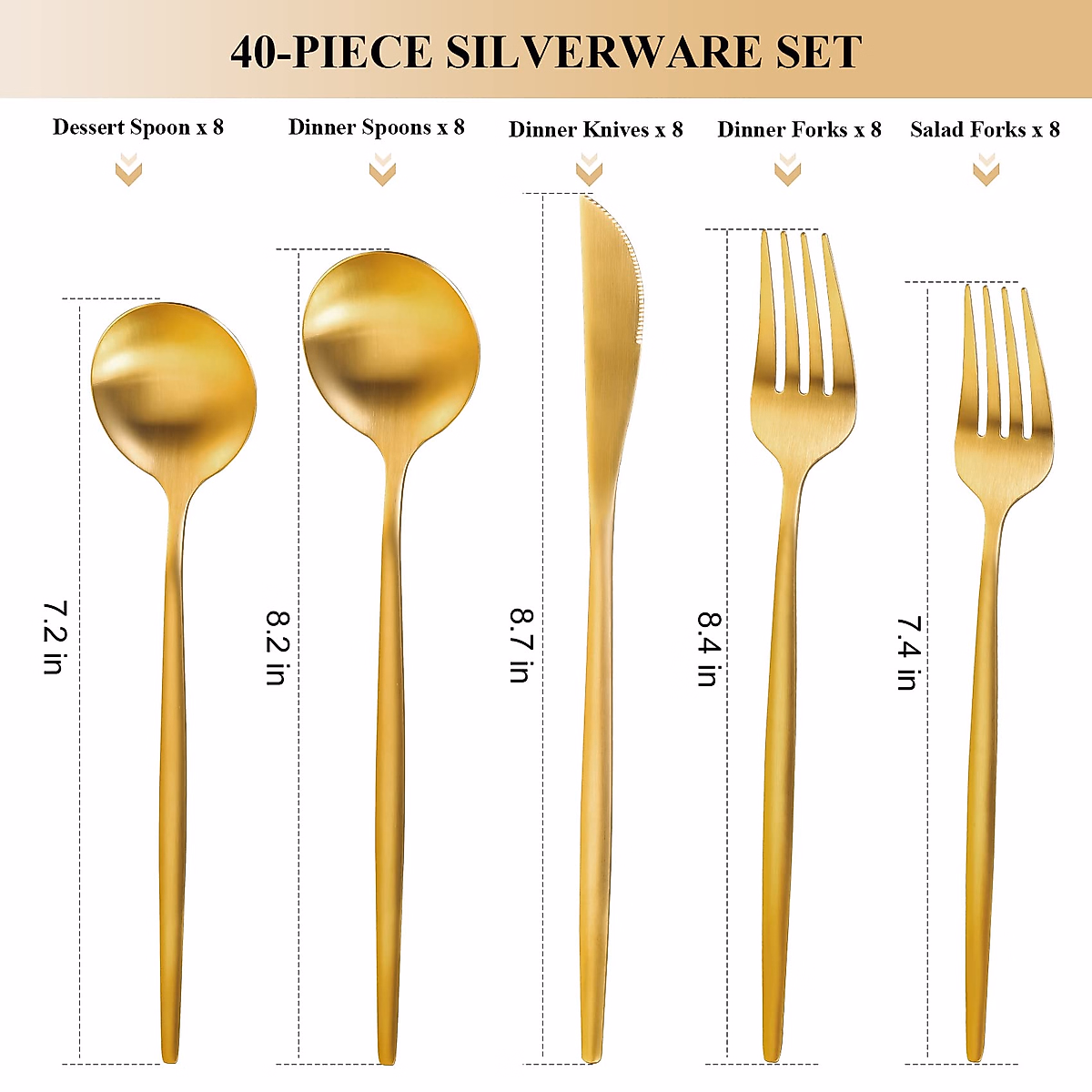 Gold Silverware Set for 8, MIKIWAY 40 Pieces Stainless Steel Flatware Set, Matte Golden Cutlery Tableware Set, Kitchen Utensils Set Include Spoons And Forks Set, Satin Polished, Dishwasher Safe
