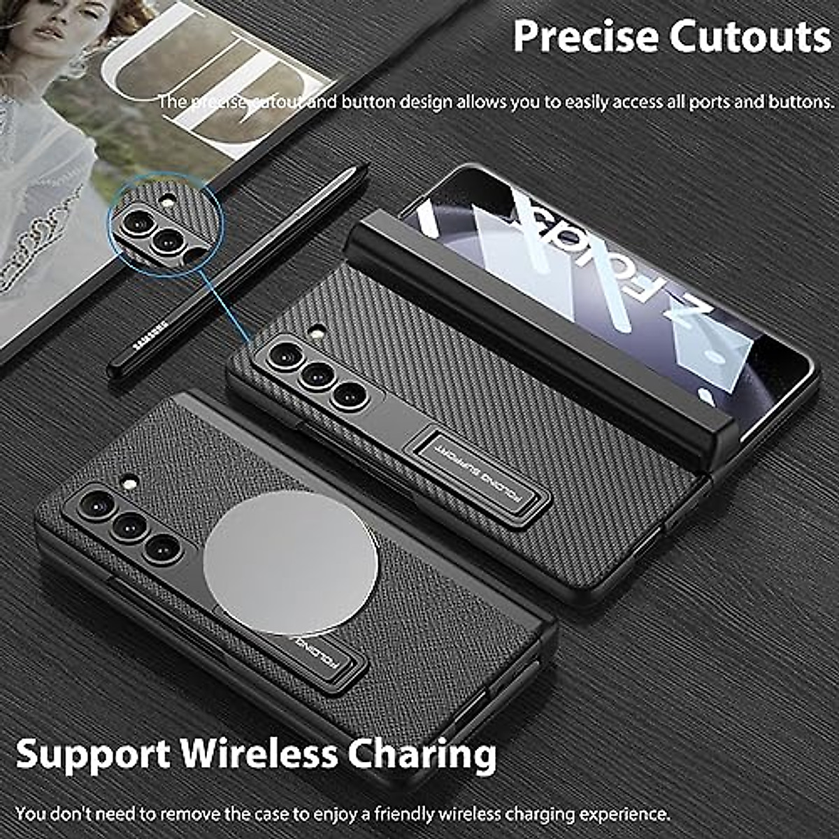 Miimall for Galaxy Z Fold 5 Case, Built-in S Pen Holder+Magnetic Hinge Protection+Screen Protector+Kickstand Military Grade Shock-Proof Protection Phone Case for Samsung Galaxy Z fold 5 (Grey)