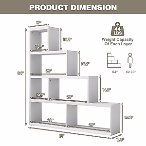 SILKYDRY 4 Tier Bookshelf, L Shaped Ladder Corner Bookshelf, 6 Cubes Stepped Etagere Bookcase, 10 Shelves Storage Display Rack for Living Room Home Office Hallway (White)