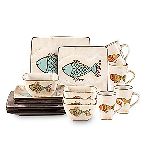 HomeVss, Stoneware Artisan Hand Painted Fish, 16pc Reactive Glaze Dinnerware Set