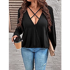 WDIRARA Women's Plus Size Criss Cross Wrap Deep V Neck Long Sleeve Tee T Shirt Black 2XL