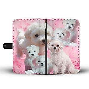 Dog Print Phone Case, Cute Bolognese Dog Print Smartphone iPhone Wallet Case. Stunning Faux Leather Wallet Phone Cover/Stand for Samsung Galaxy, iPhone 6/7/8/X with RFID Protection