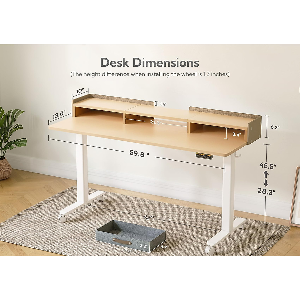 Claiks Standing Desk with Drawers, Adjustable Stand Up Electric Standing Desk Adjustable Height, Sit Stand Desk with Storage Shelf and Splice Board, 59 Inch, Natural