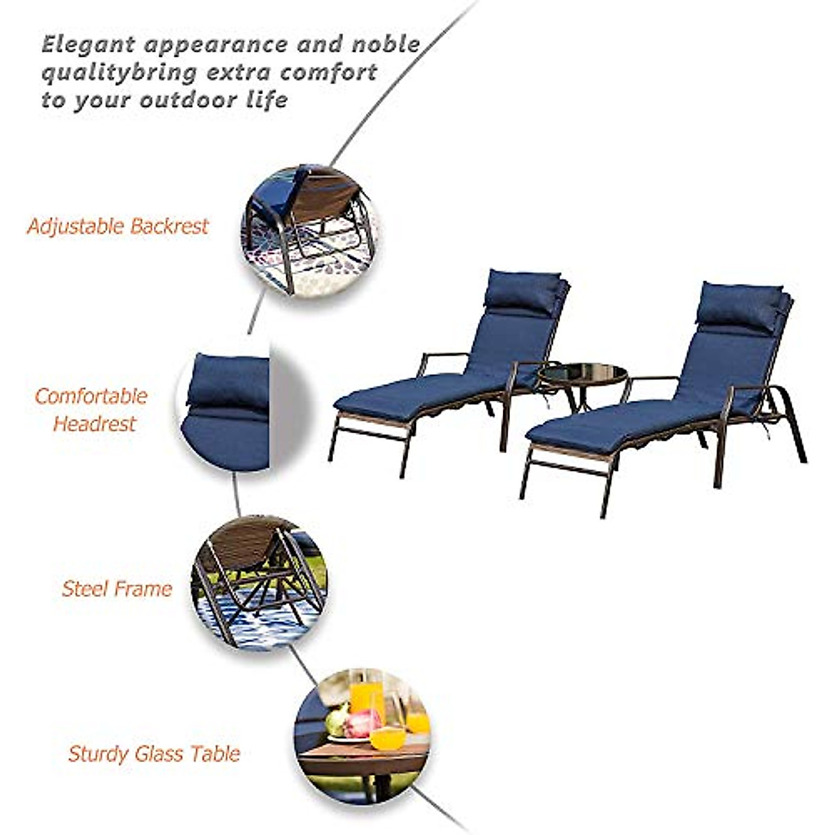 LOKATSE HOME 3 Pieces Outdoor Patio Chaise Lounge Set 2 Adjustable Chairs and 1 Bistro Table with Removable Cushions, Dark Blue