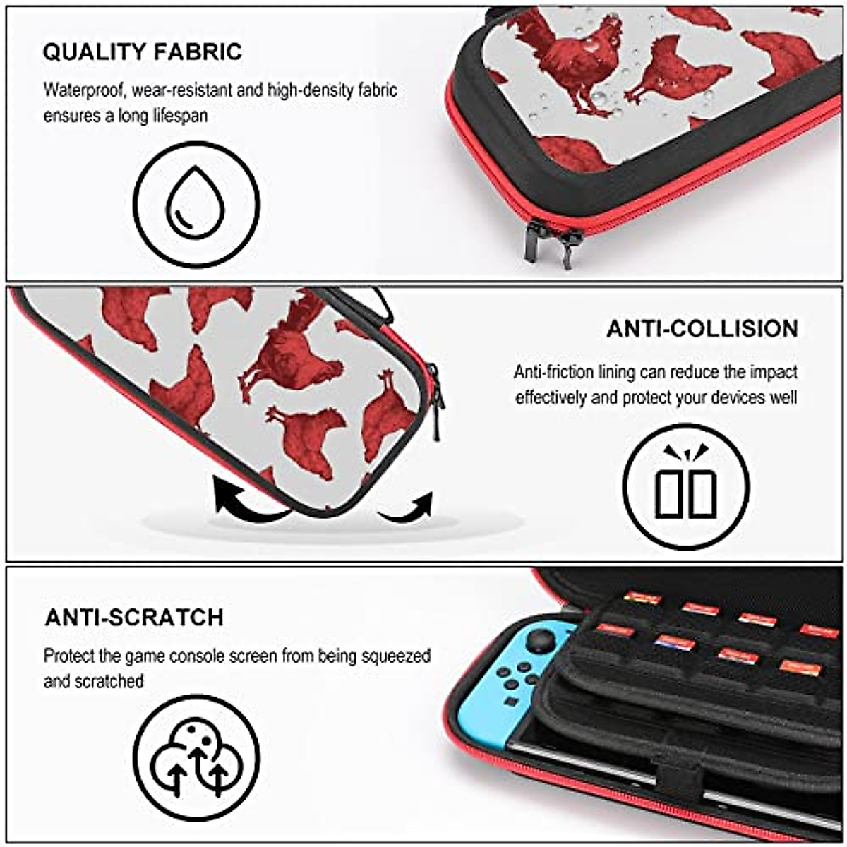 Red Hens and Cock Portable Travel Carry Case Hard Shell Pouch with Pockets Storage Bag for Switch Console Game and Slots Cards Accessories
