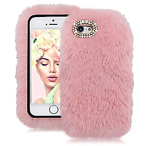 Fluffy Rabbit Fur Case for iPod Touch 7 / iPod Touch 6 / iPod Touch 5, Girlyard Cute Bling Diamond Rhinestone Handmade Furry Warm Faux Bunny Hair Soft Plush Shockproof Cover for Women Girls - Pink