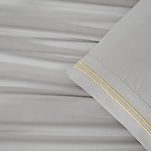 WODFAMY Microfiber Full Size Bed Sheet Set Extra Soft Deep Pockets Luxury Hotel Bed Sheets Breathable & Cooling Wrinkle Free 4 Piece Set Fulls Sheets Light Grey&Gold
