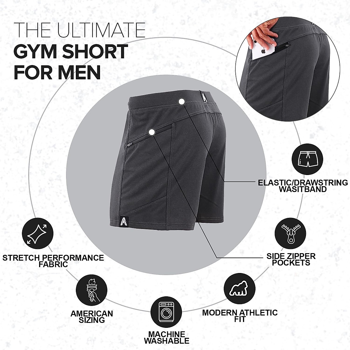 Anthem Athletics Hyperflex 5 Inch Men's Workout Shorts - Zipper Pocket Short for Running, Athletic & Gym Training - Volcanic Black G2 - Large