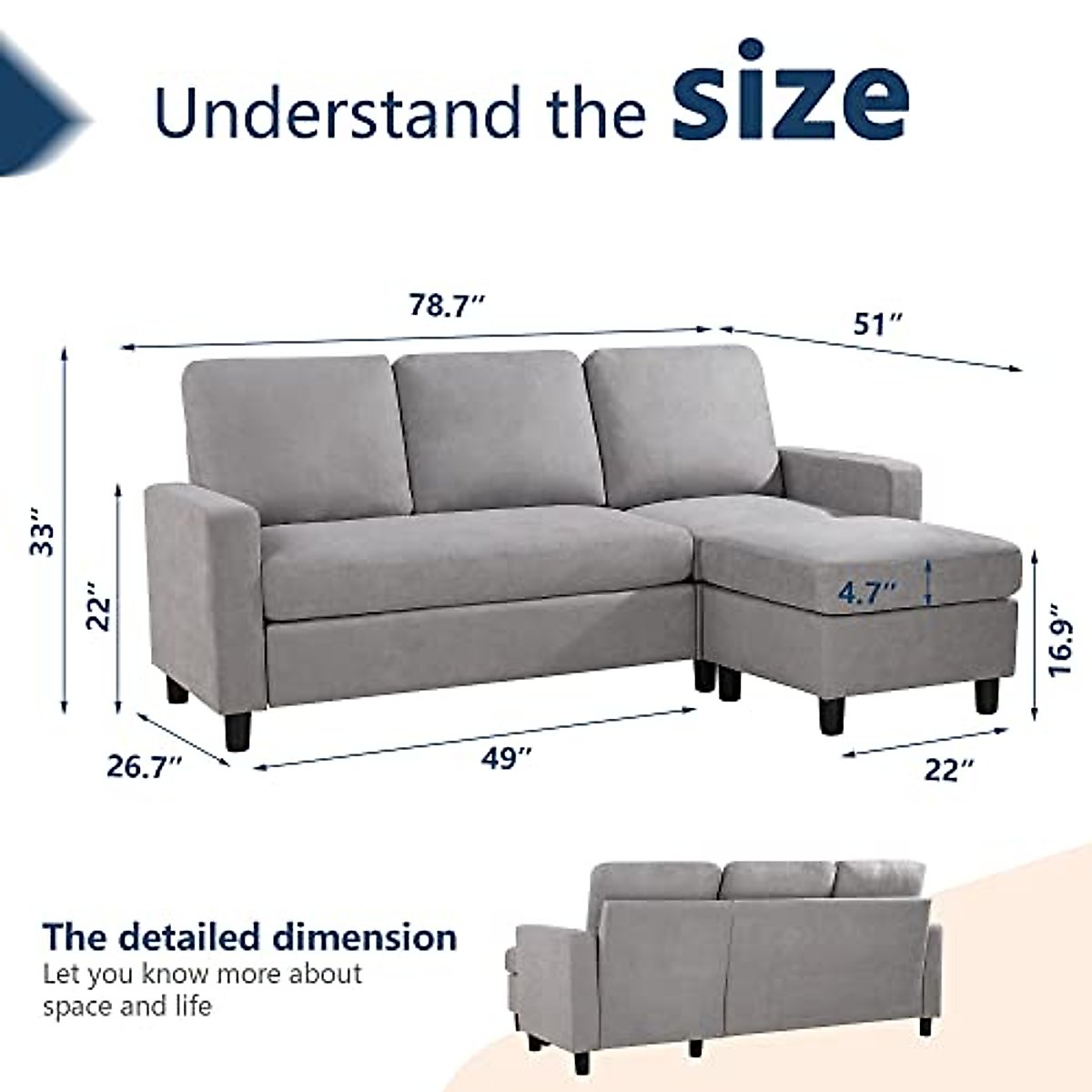 JY QAQA Convertible Sectional Sofa Couch,78’’ L-Shaped Couch with Modern Linen Fabric 3-Seat Wide Reversible Chaise for Small Space(Light Grey)