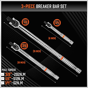 HORUSDY 3-Piece Breaker Bar Set, 1/4'', 3/8'' & 1/2'' Drive, Heavy Duty Breaker Bars, 6'', 10'', 15'' Length, with 180° Rotatable Head, Chrome Vanadium Steel Made.