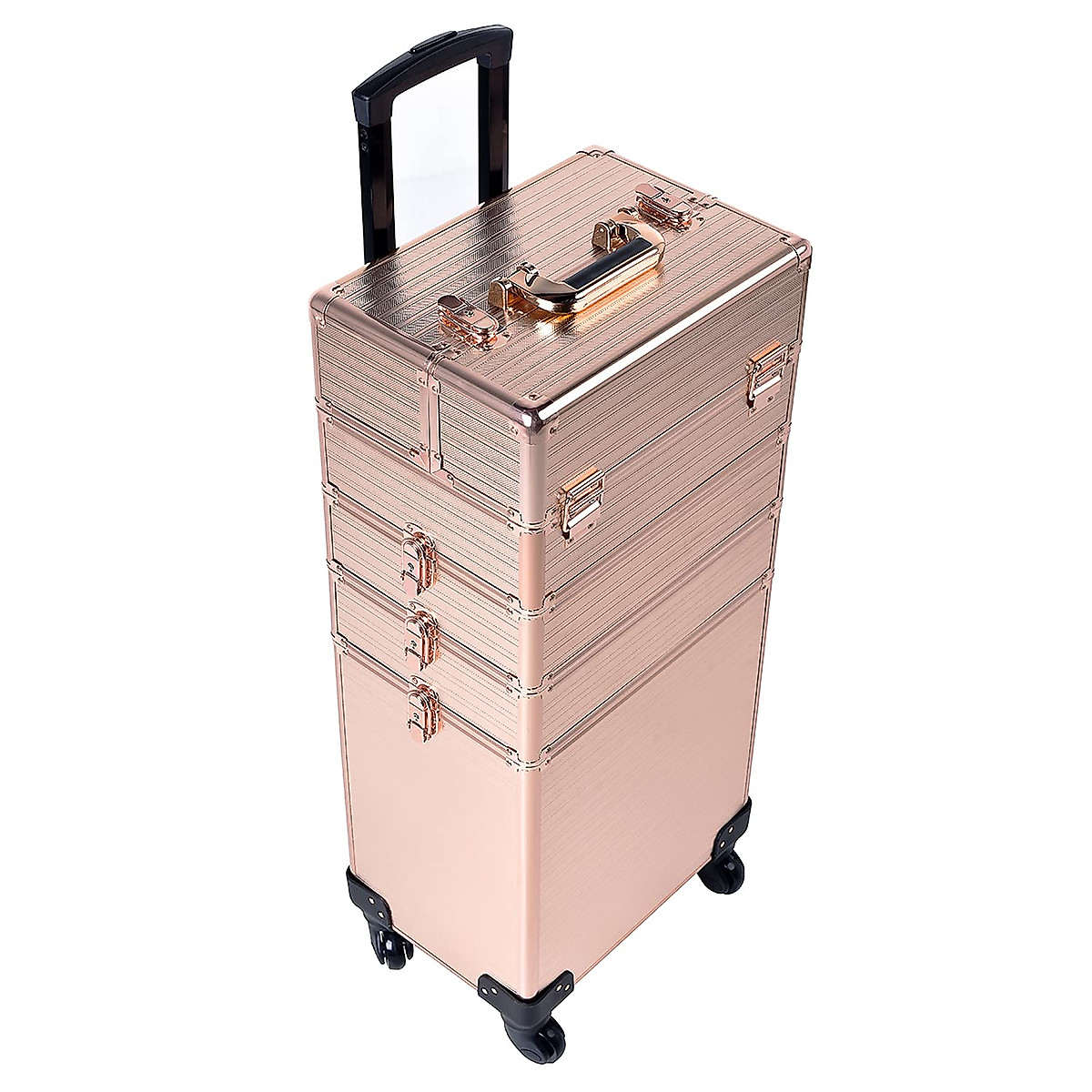 Channcase 4 in 1 Portable Traveling Aluminum Professional Makeup Trolley Cart with Multiple-Sized Compartments and Wheels, Rose Gold