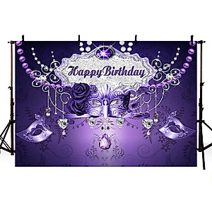 MEHOFOND Retro Masquerade Birthday Party Decorations Backdrop Mardi Gras Birthday Party Decoration Banner Purple Mask Birthday Supplies Photography Background Photo Booth Props Vinyl 7x5ft