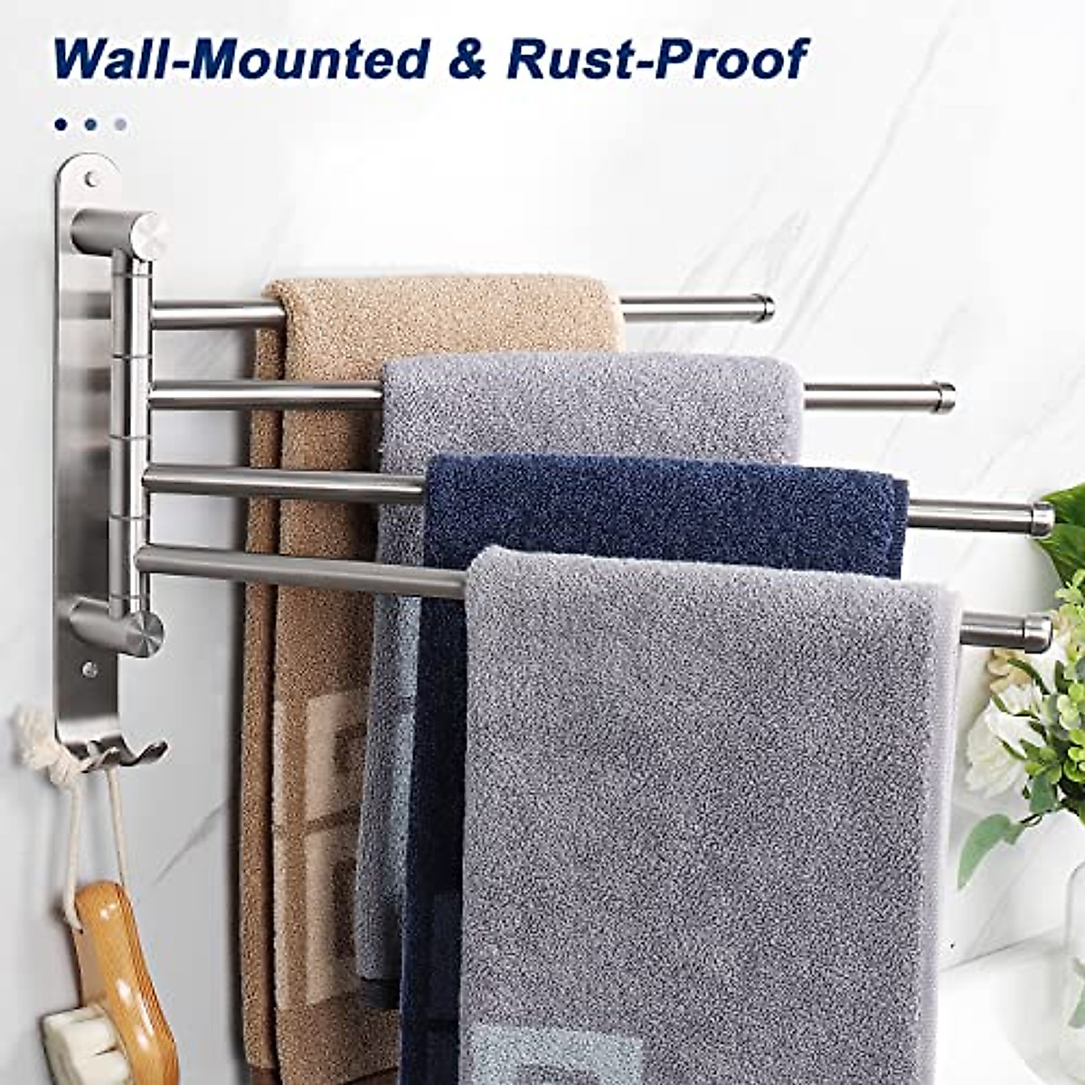 NearMoon Swivel Towel Rack, Thicken SUS304 Stainless Steel 4-Arm Towel Bar, Space Saving Wall Mounted Towel Holder with Hook, Rustproof Swing Out Towel Hanger for Bathroom, Kitchen (Brushed Nickel)