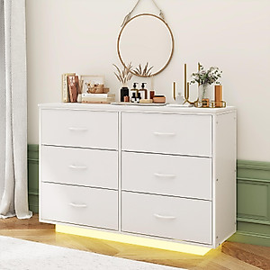 Tohomeor Dresser with Power Outlet & LED Lights, Modern Chest of Drawers for Closet, Fabric Drawers with PU Finish Small TV Console Table Dresser for Bedroom Living Room (White, 6 Drawers)