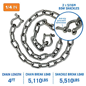 Stainless Steel Anchor Chain, Boat Anchor Chain, Anchor Chains for Boats, Stainless Anchor Chain, Double Boat Anchor Shackle Link Ends Marine Grade Boat Accessories 4 Ft Chain 1/4" Width