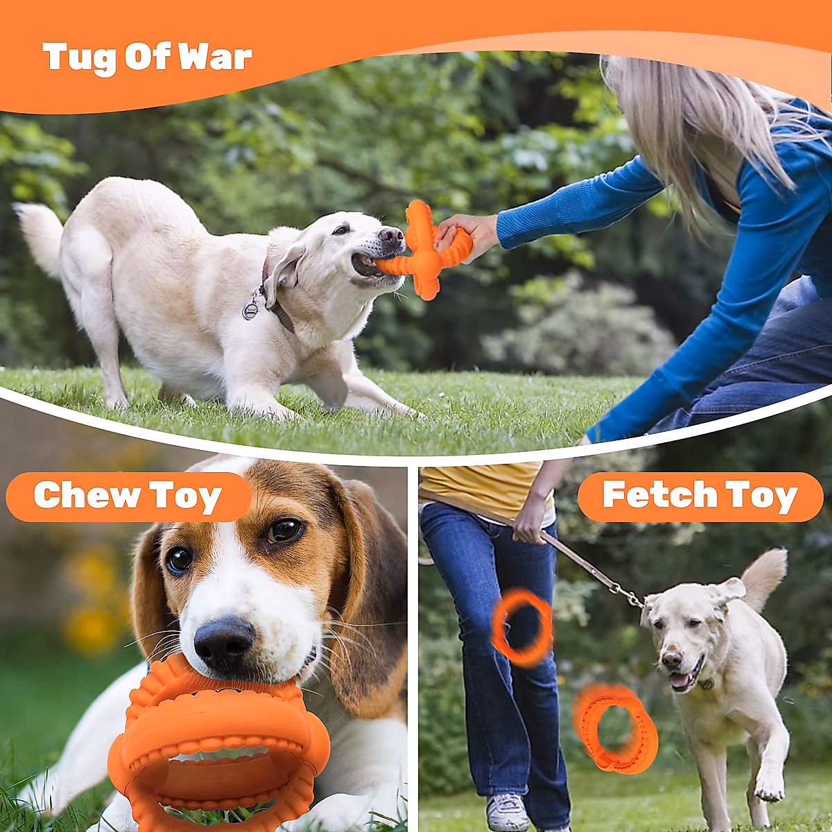 IFurffy Interactive Dog Toys, Dog Chew Toys with 2 Rings for Large Breed, Detachable Dog Tug Toy with Nature Rubber for Teeth Cleaning and Fetch Training