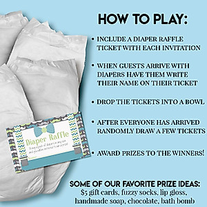 Amanda Creation Little Man Bow Tie, Mustache, & Suspenders Themed Diaper Raffle Tickets for Boy Baby Showers, 20 2" X 3” Double Sided Inserts, Bring a Pack of Diapers to Win Favors &