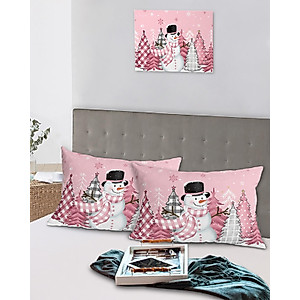 Edwiinsa Blush Pink Snowman Pillow Covers King Standard Set of 2 Bed Pillow, Plush Soft Comfort for Hair/Skin Cooling Pillowcases with Envelop Closure 20x36 Inches Christmas Dot Plaid Tree