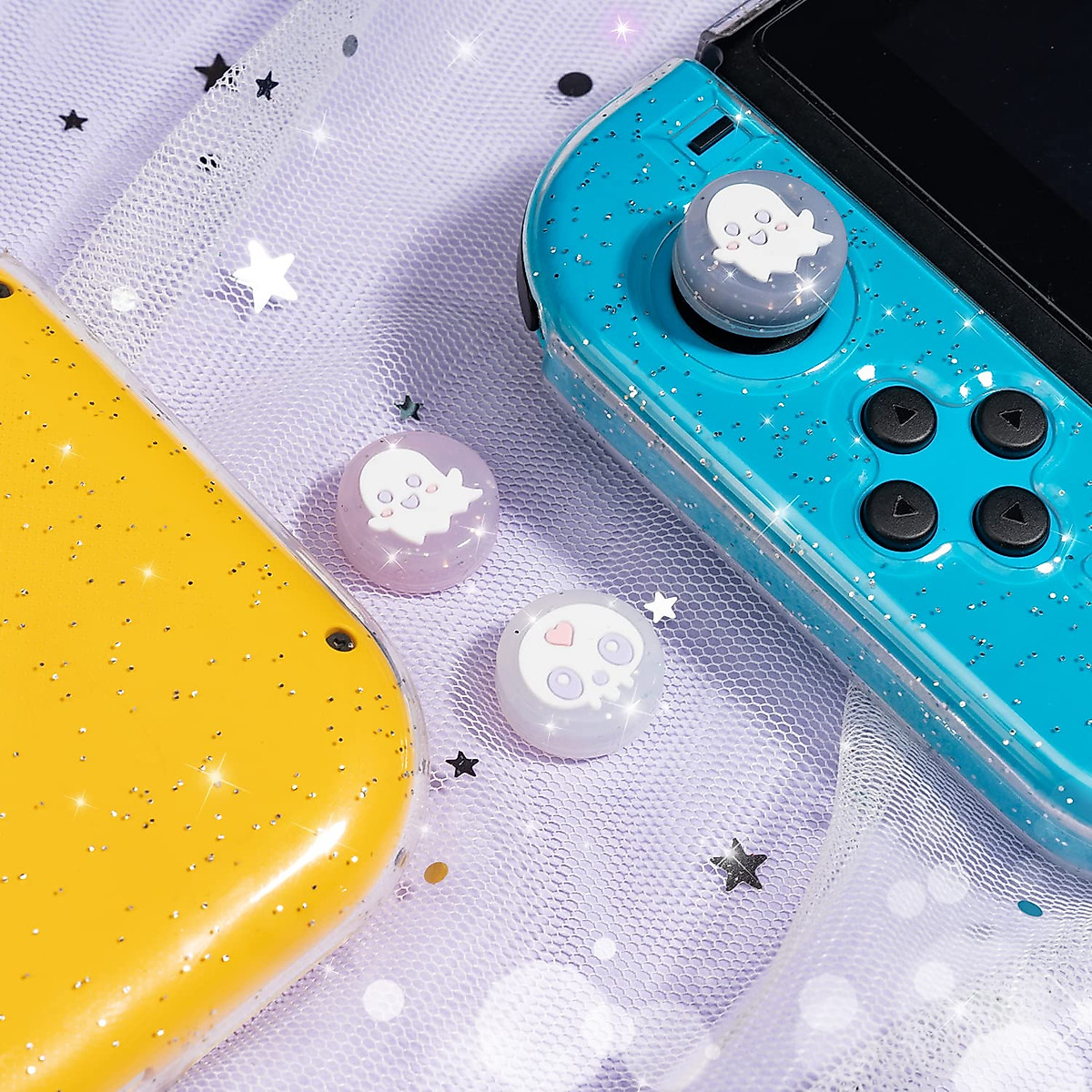 BelugaDesign Ghost Thumb Grips | Halloween Gothic Clear Jelly Glitter Joystick Grip Button Caps | Compatible with Nintendo Switch Standard Lite OLED